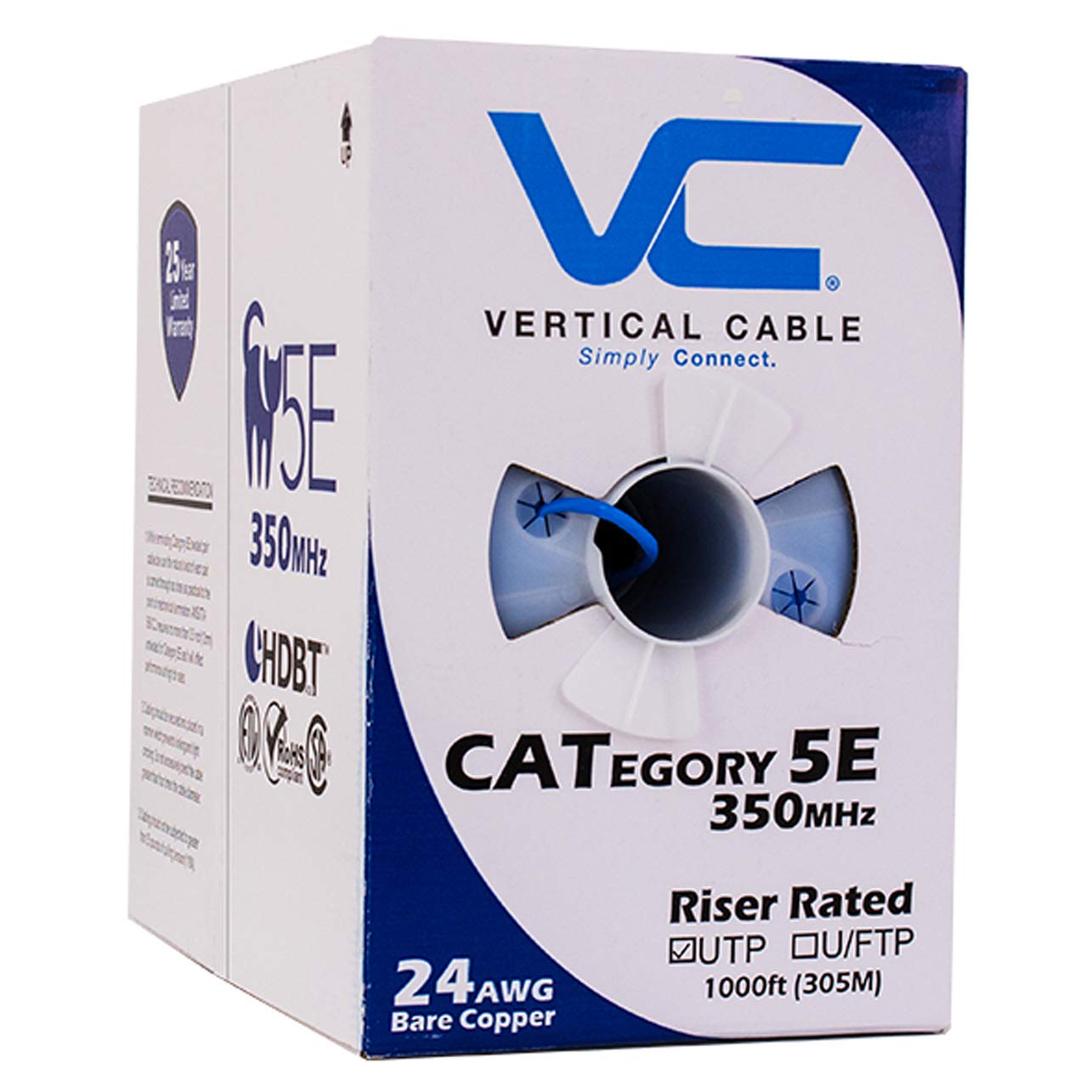 Vertical Cable Cat5e, 350 MHz, UTP, 24AWG, 8C Solid Bare Copper, 1000ft ...