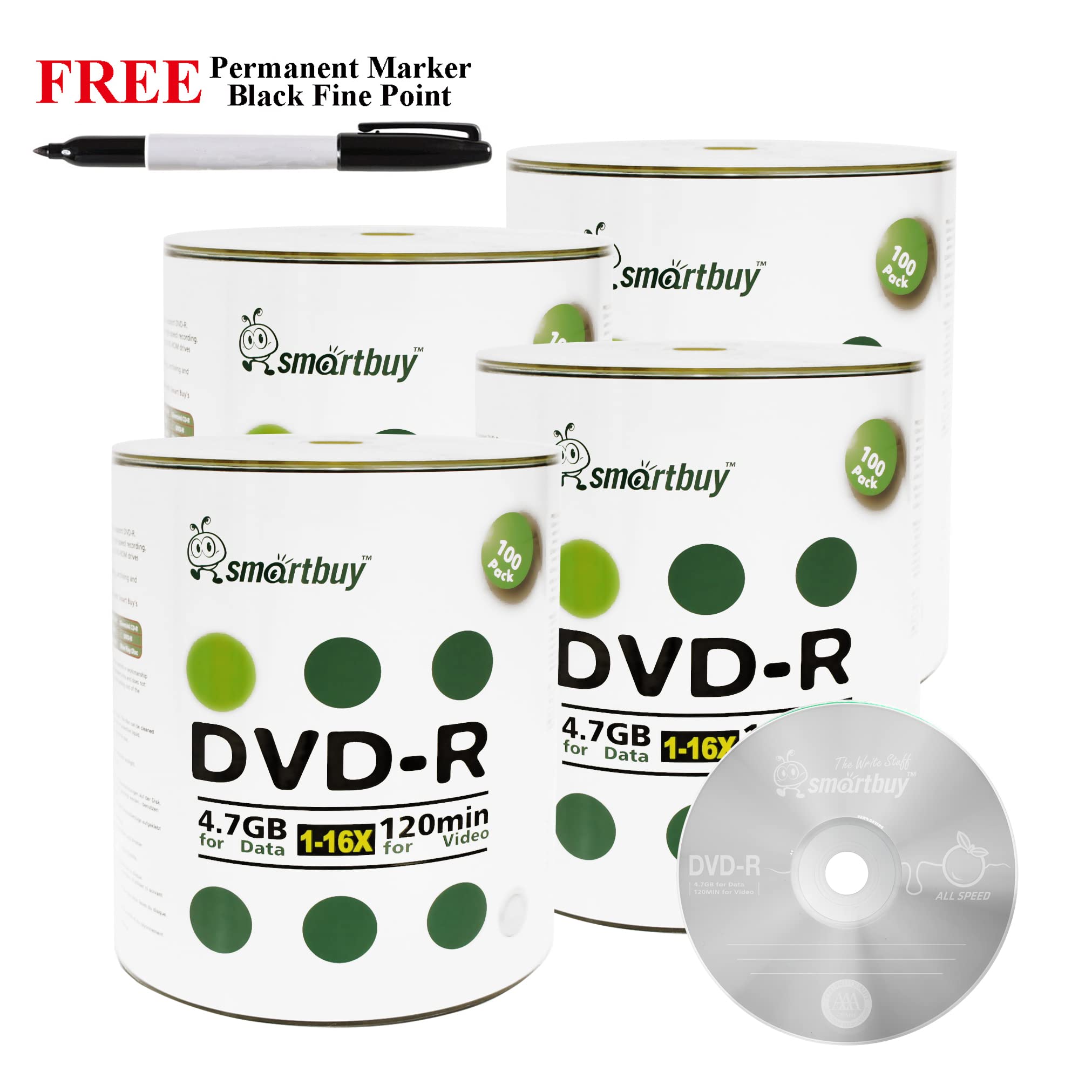 Smartbuy 400-disc 4.7GB/120min 16x DVD-R Logo Top Blank Media Record Disc + Black Permanent ...