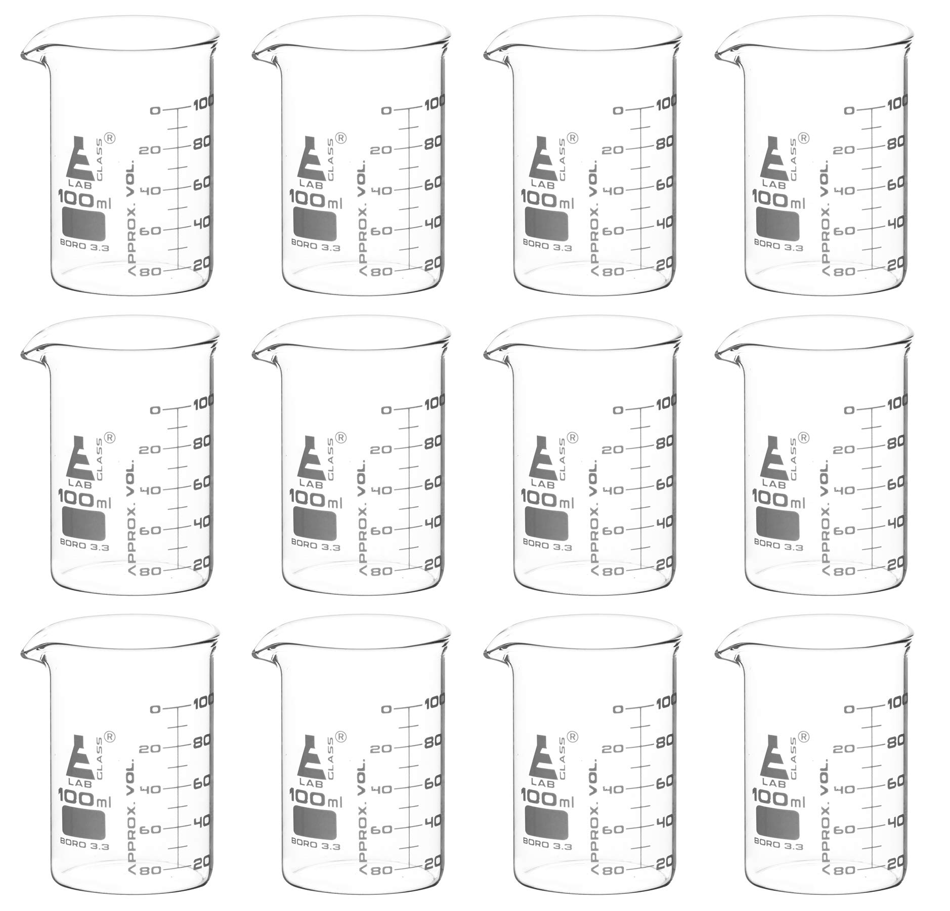 EISCO (Pack of 12) Beakers, 100ml - ASTM - Low Form with Spout - Dual Scale, White Graduations ...
