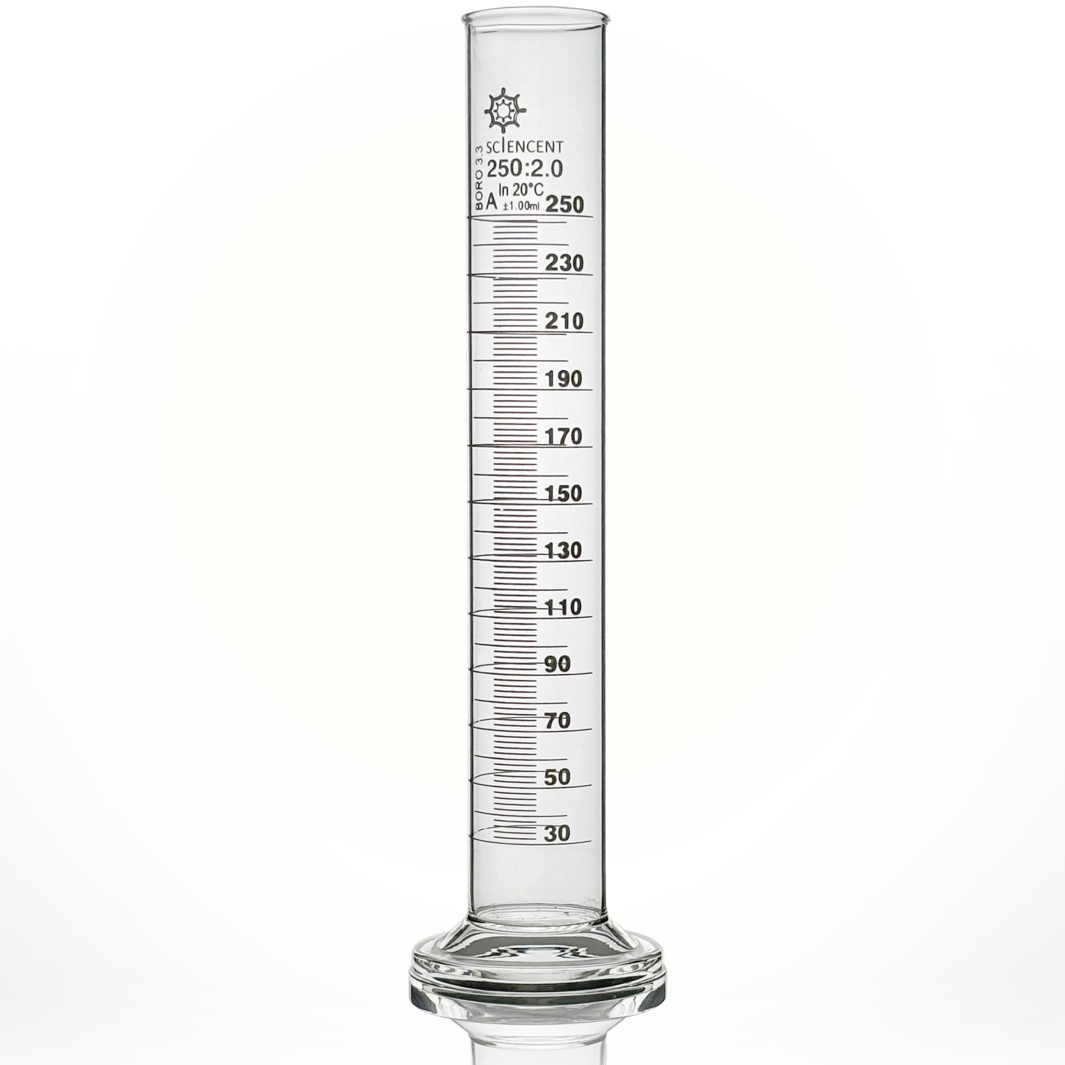 Premium Lab Glass Graduated Cylinder 250 ml Class A ±1ml Borosilicate 250ml Measuring Cylinder ...