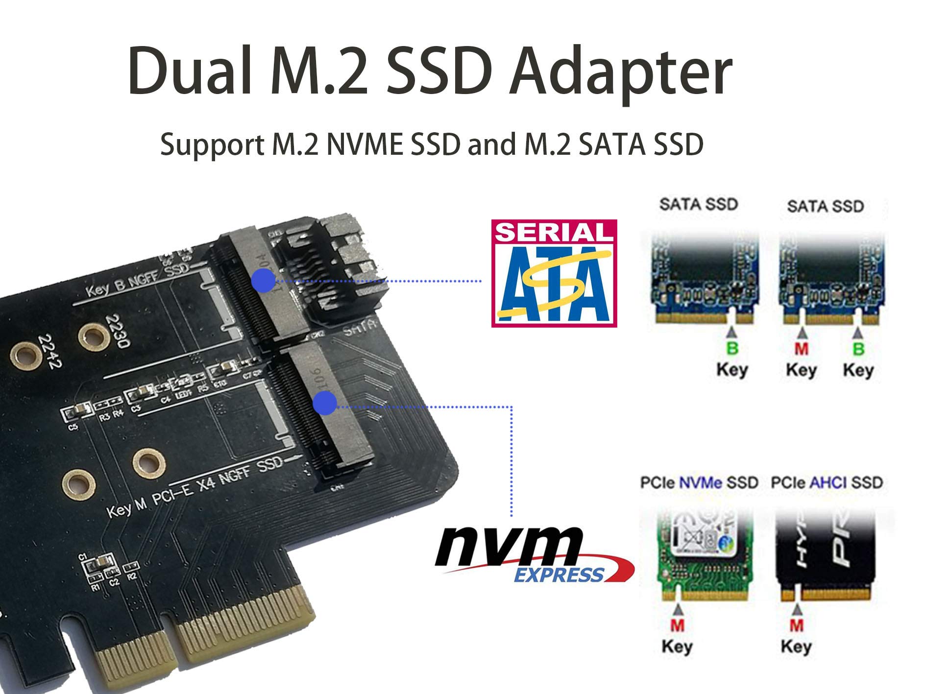 Valuegist PCIe Adapter for One M.2 NVMe Mkey and One SATA Bkey SSD, PCI ...