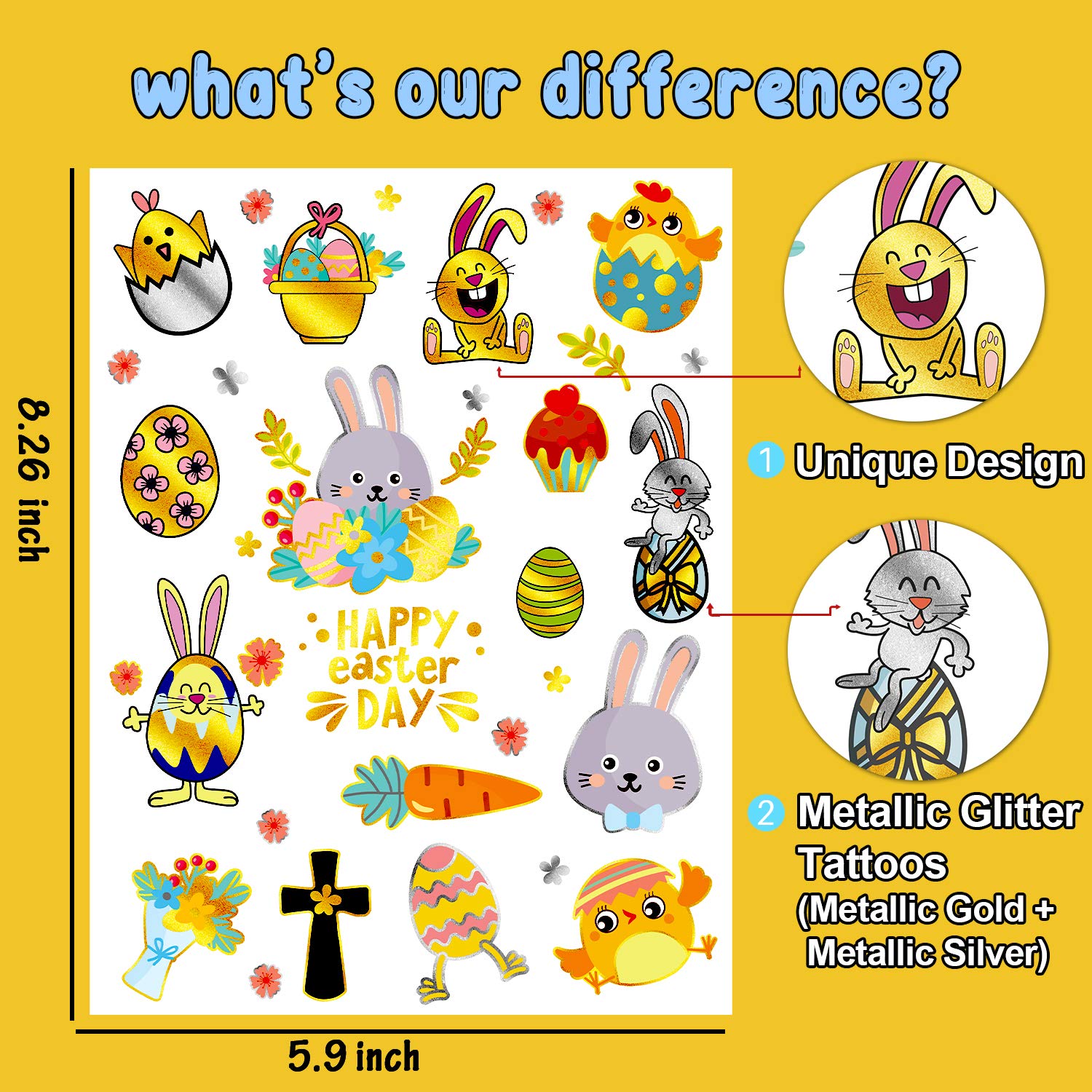 34 Metallic Glitter Styles Easter Temporary Tattoos for Kids, Easter ...