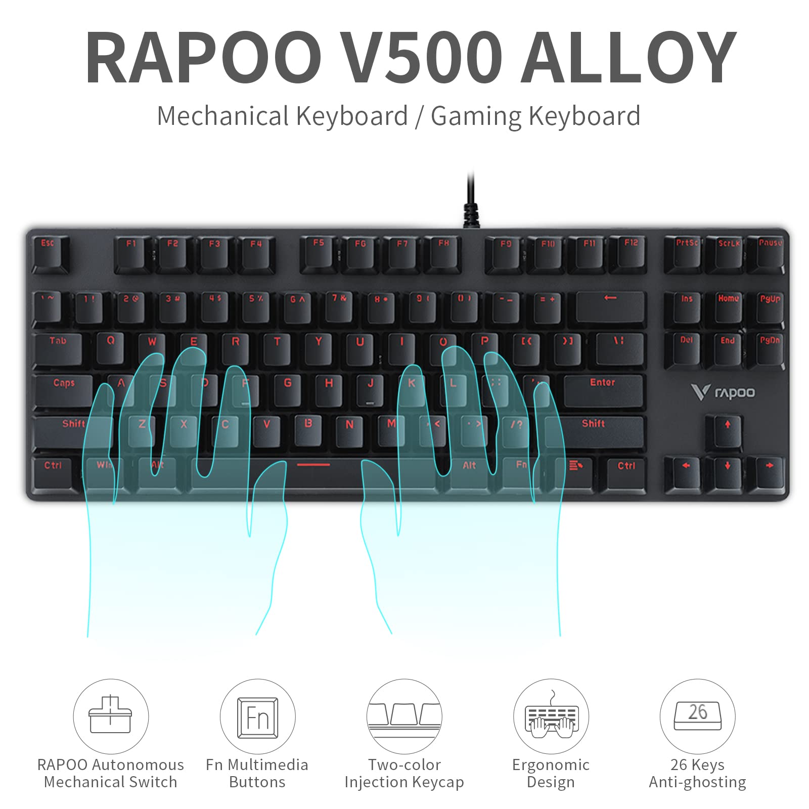 Mechanical Gaming Keyboard, RAPOO V500 Alloy Wired Keyboard with Black Switches for Game Players ...
