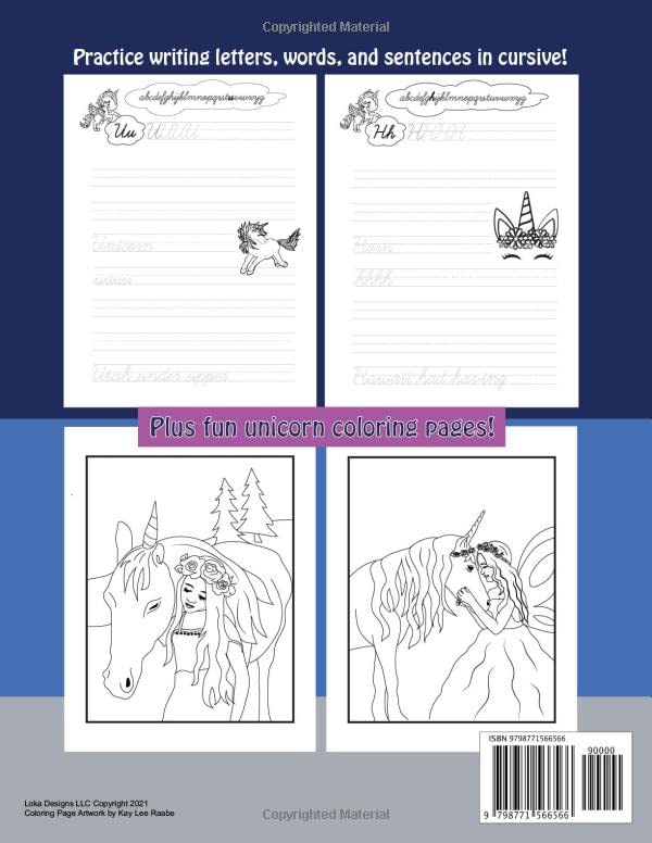 Cursive Handwriting Workbook for Kids: Unicorn Themed with Coloring ...