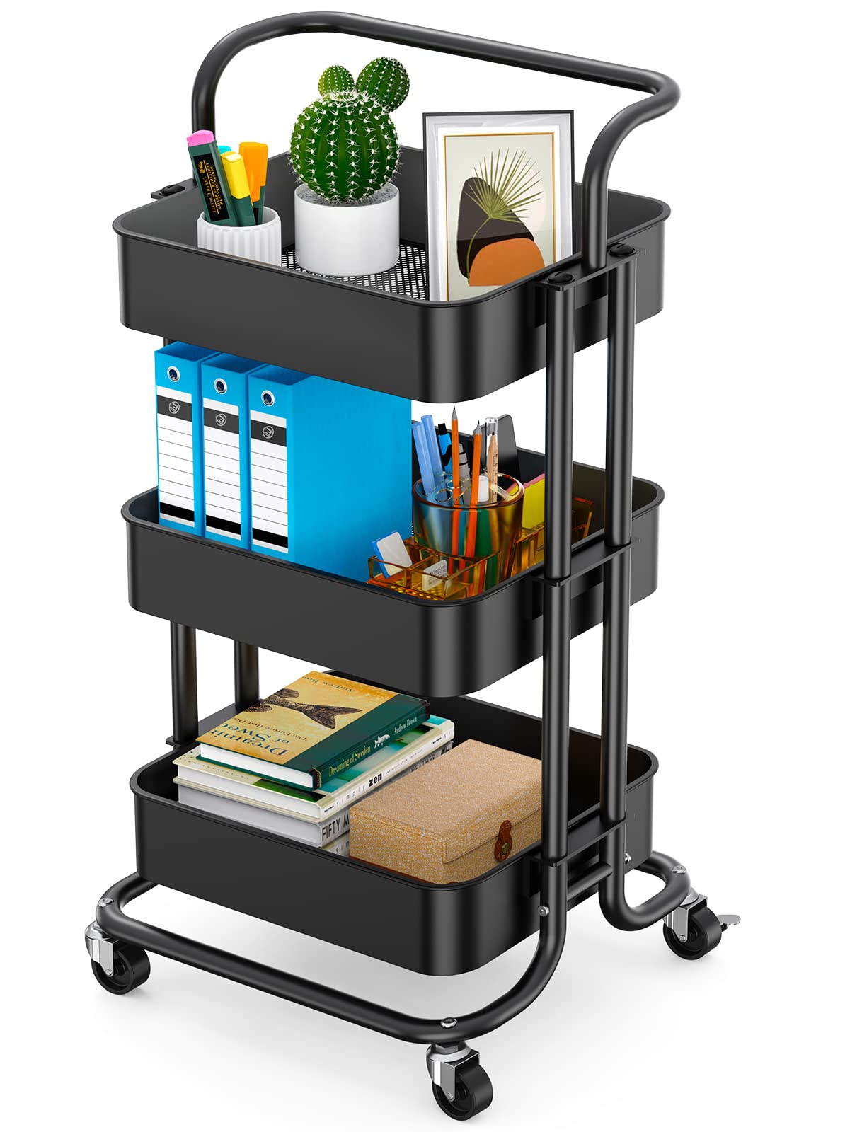 Totnz Rolling Utility Cart, 3-Tier Mesh Organization Cart with Lockable ...