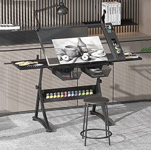 VejiA Drafting Table Art/Adjustable Glass Drawing Table with 2 Drawers ...
