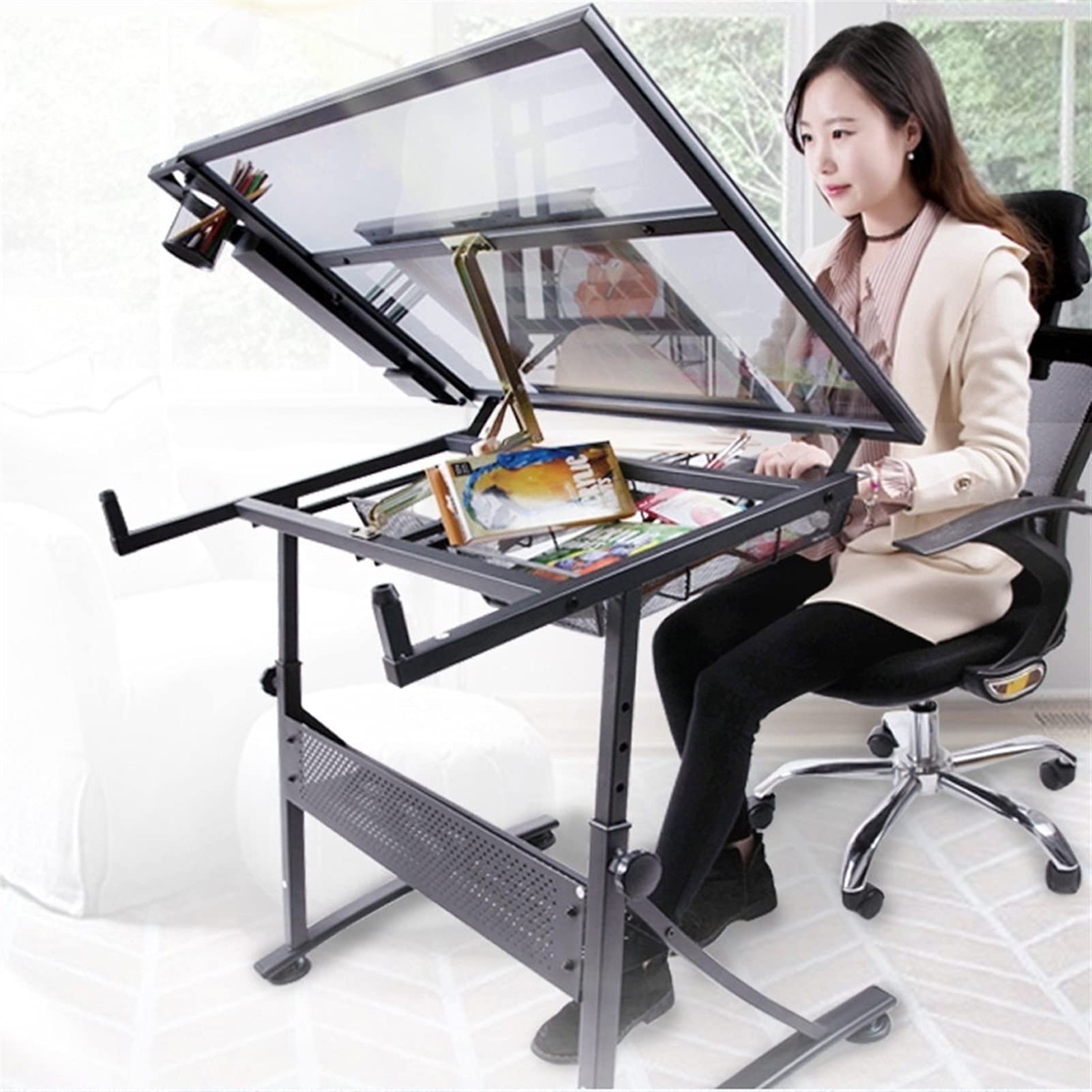 Adjustable Glass Drafting Table,Versatile Art Study Table,with Storage ...