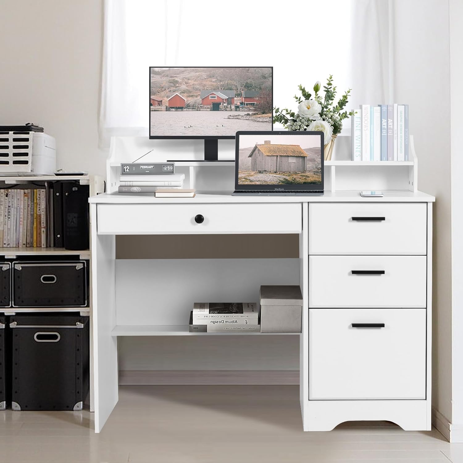 White Computer Desk with 4 Drawers, Modern Small White Desk with Large ...