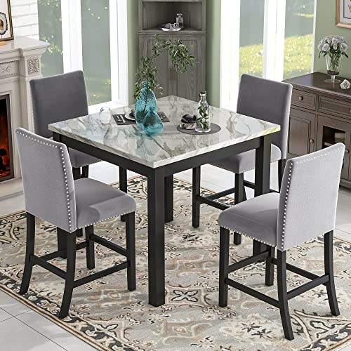 Dinehome 5 Piece Kitchen Square Faux Marble Top Counter Height Dining ...