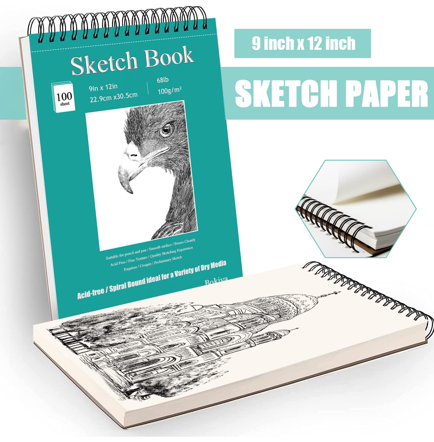 9x12 inches Sketch Book, 100 Sheets Top Spiral Bound Drawing Book Paper (68 lb/100gsm ...