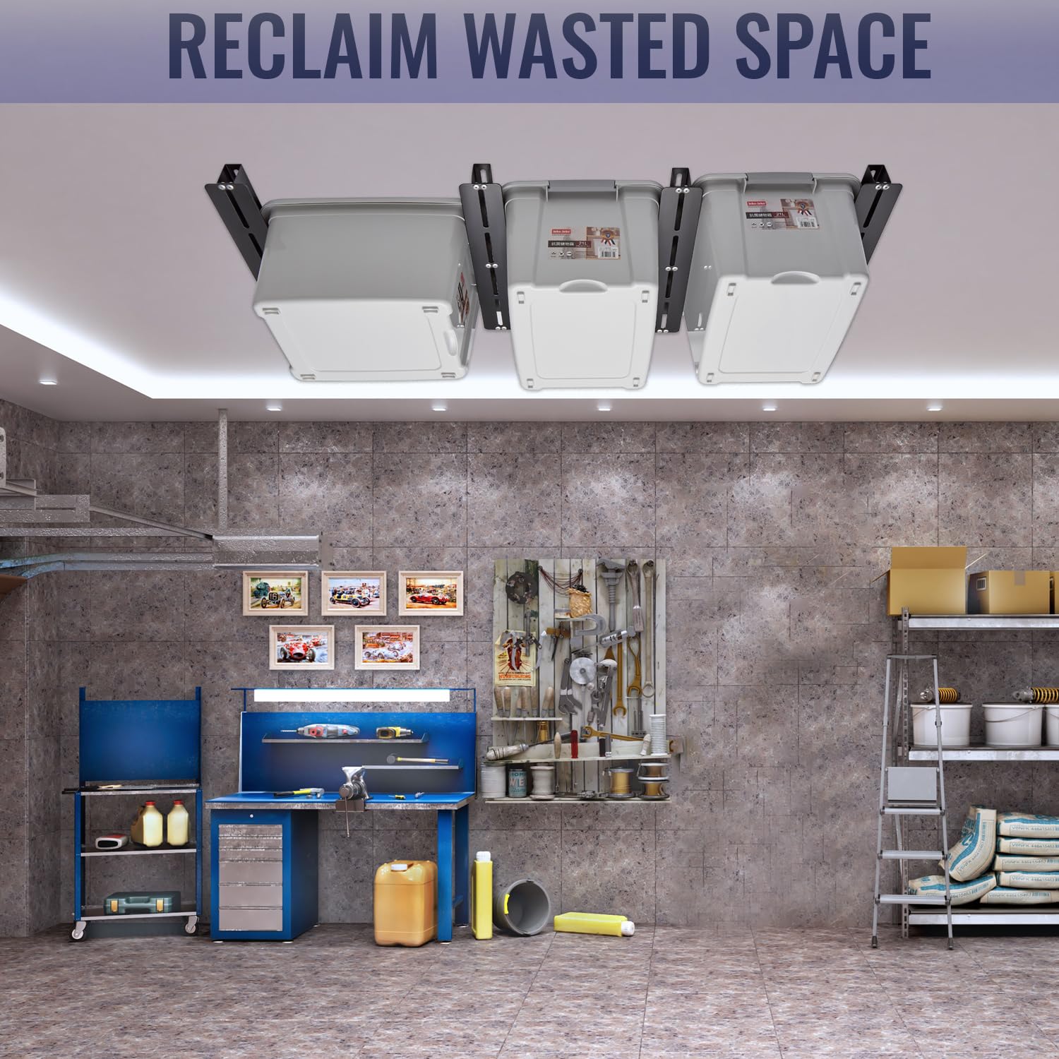 Wallmaster Overhead Storage Bin Rack for 3 Bins, Ceiling Garage Storage ...