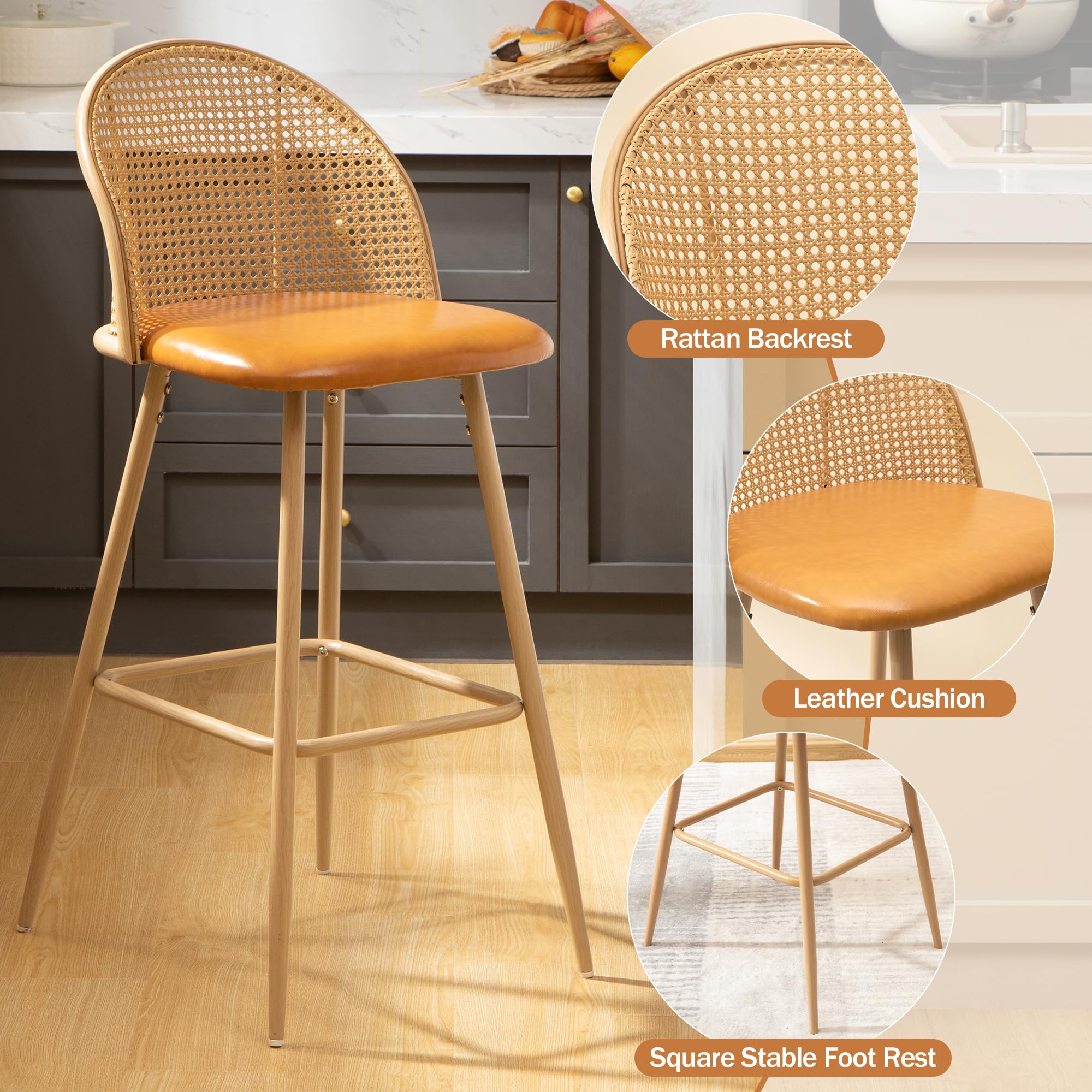 SICOTAS Rattan Bar Stools Set of 2 - Boho Counter Height Barstools - 29 ...