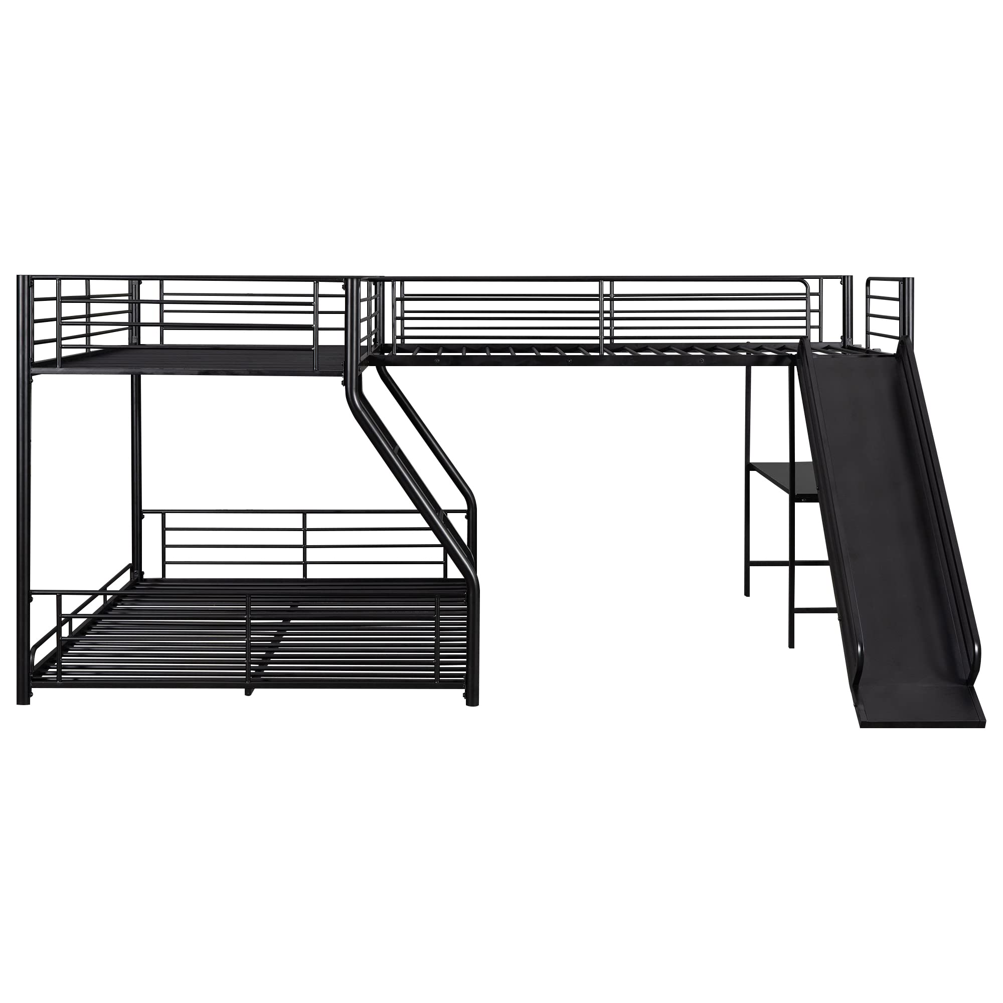 DHPM Triple Bunk Bed with Slide, L Shaped Bunk Bed for 3, Twin Over Full Metal Bunk Bed Frame ...
