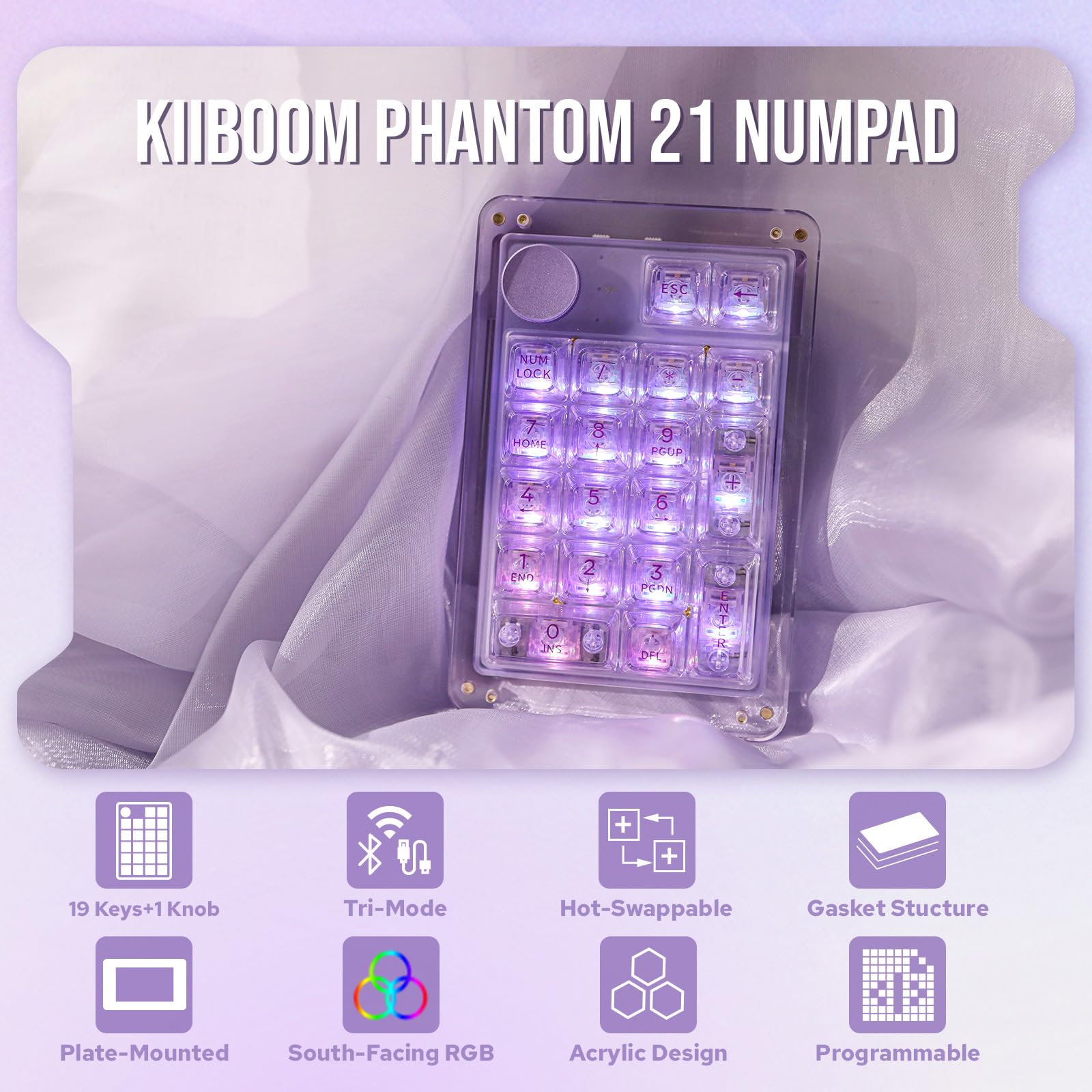KiiBoom Phantom 21 Hot Swappable Crystal Acrylic Numpad, BT5.0/2.4GHz ...